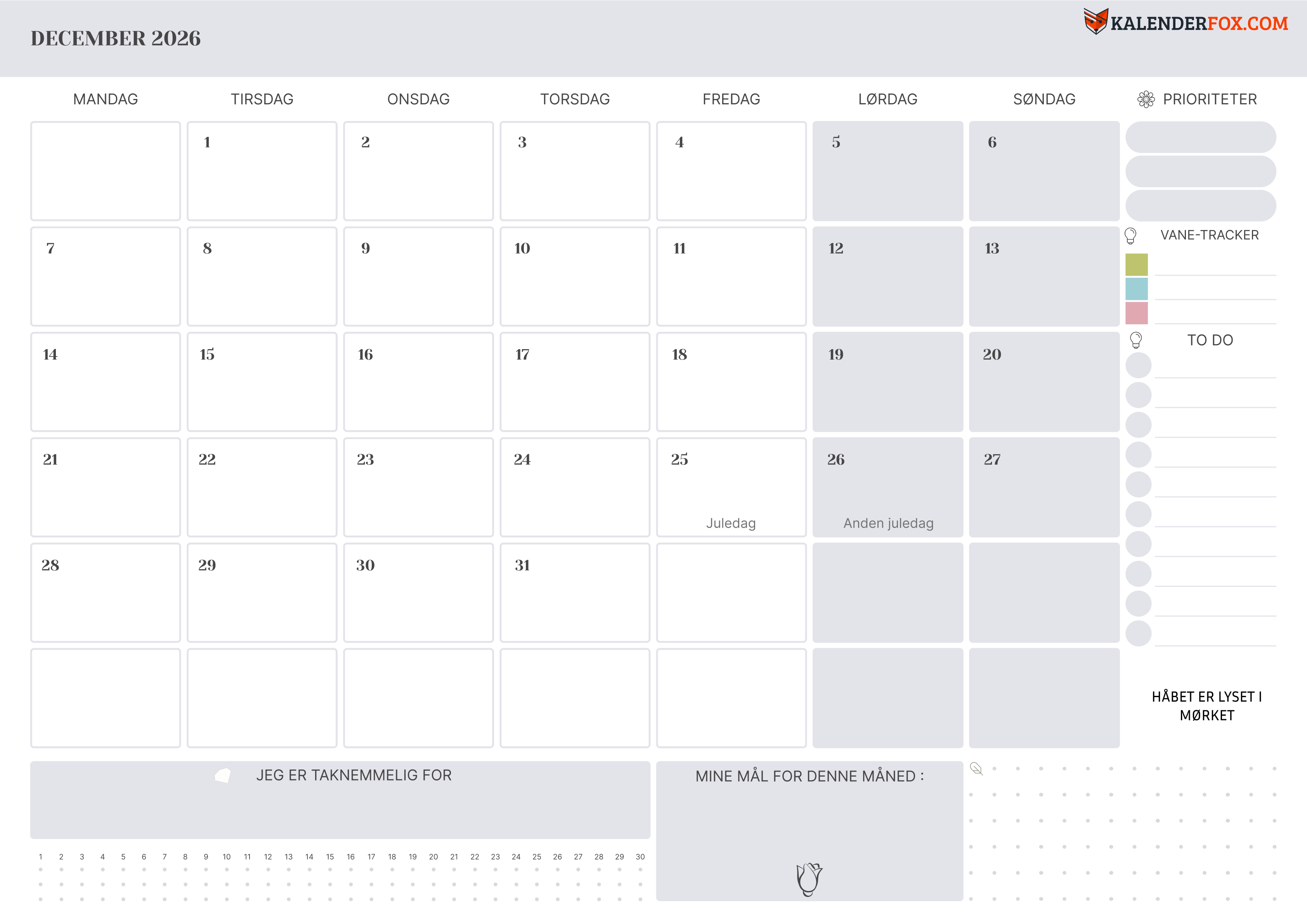 Kalender December 2026 Print Selv Gratis – 20 PDF skabeloner